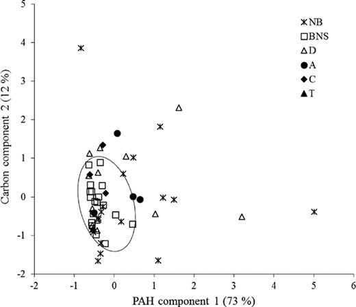 Principal component analysis scores for polycyclic aromatic hydrocarbon (PAH) concentrations and carbon concentrations in 57 samples from 20 garden soils by sample type. Oval indicates the aggregation of scores from beds without visible sources of PAHs (non‐source bed). For abbreviations, see Table 1.